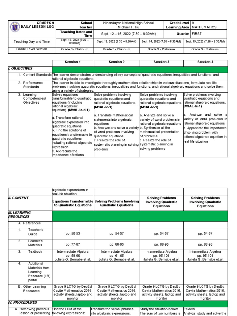 DLL WK 4 LC 56 | PDF | Equations | Quadratic Equation