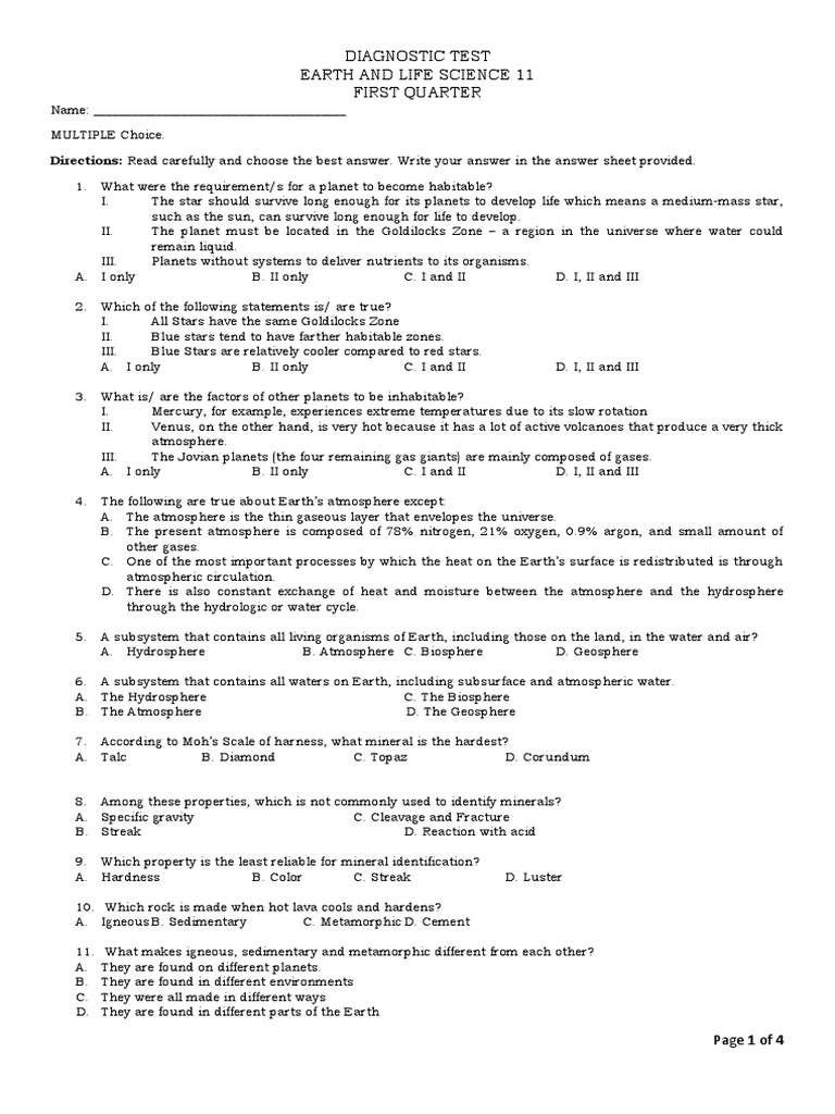 First Quarter - Diagnostic Test in Earth and Life Science | PDF | Rock ...
