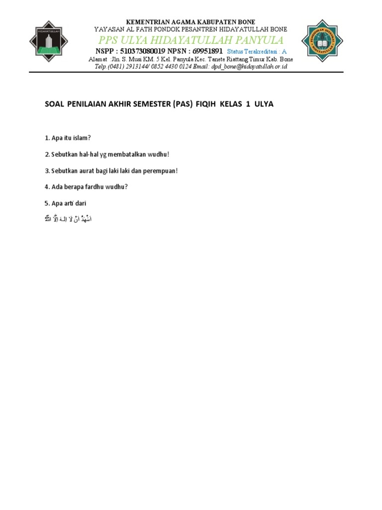 Soal Ujian Fiqih Kelas 1,2,3 Ulya | PDF