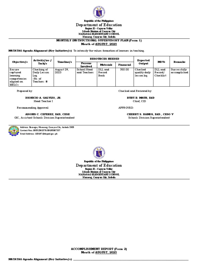 Form 1 Monthly Instructional Supervisory Plan | PDF | Cognition | Behavior Modification