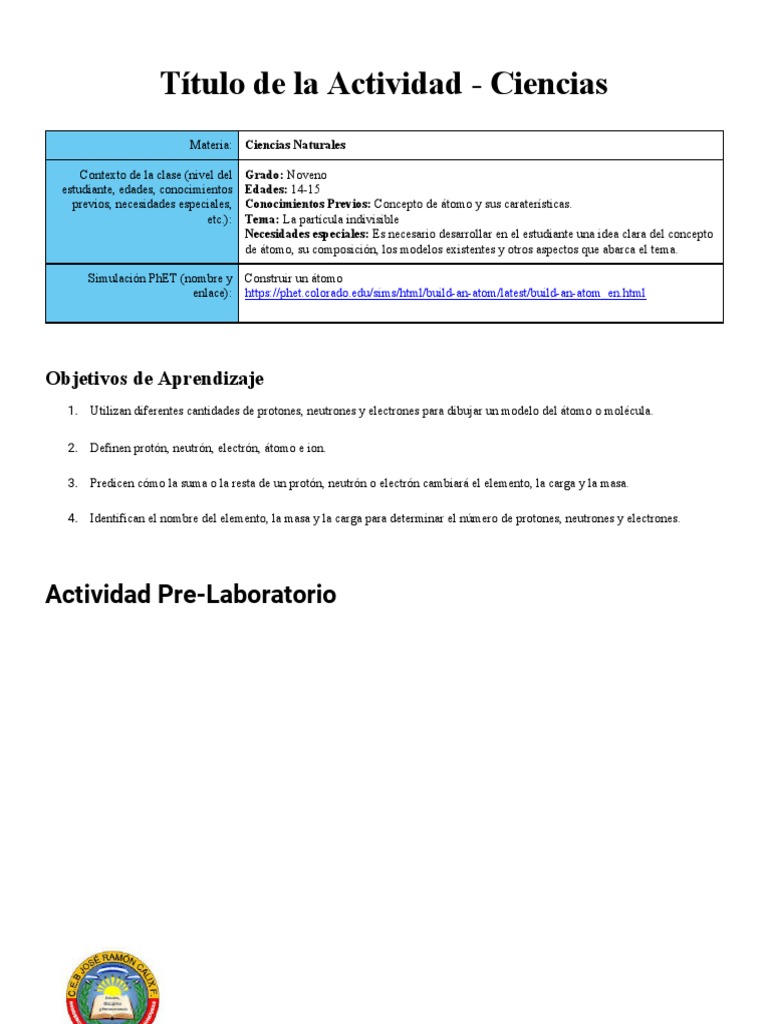 Hoja de Evaluación CCNN Semana 2 Phet | PDF | Protón | Neutrón