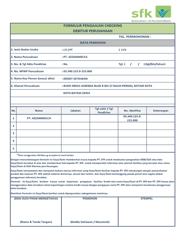 Formulir Pengajuan Checking Debitur Perusahaan: Tgl. Permohonan: Data ...