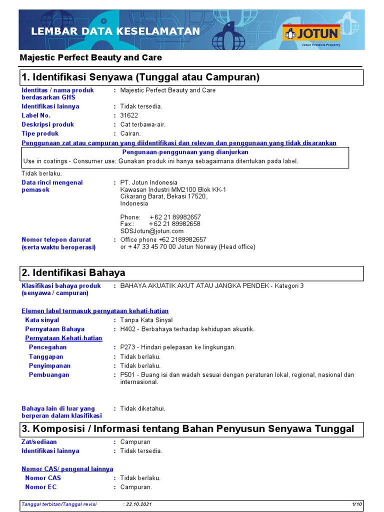 JOTUN INTERIOR SDS 31622 Majestic Perfect Beauty and Care id-ID ID | PDF