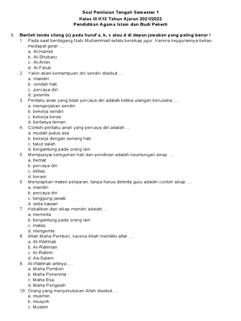Kelas 3 PTS PAI Semester 1 | PDF | Seni & Disiplin Bahasa | Agama & Spiritualitas