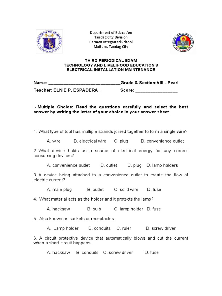 1ST PERIODICAL EXAM Elnie P. Espadera | PDF | Electrical Connector | Fuse (Electrical)