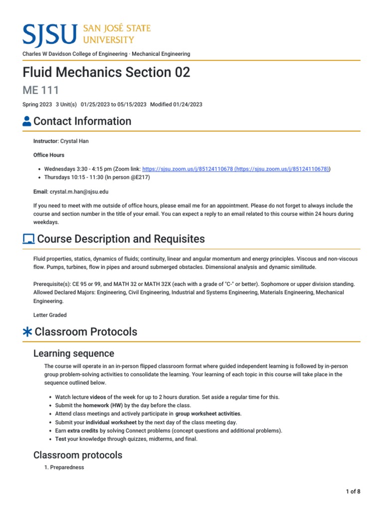 Syllabi ME111 - 02 Han SP23 20230124 | PDF | Fluid Dynamics | Turbulence