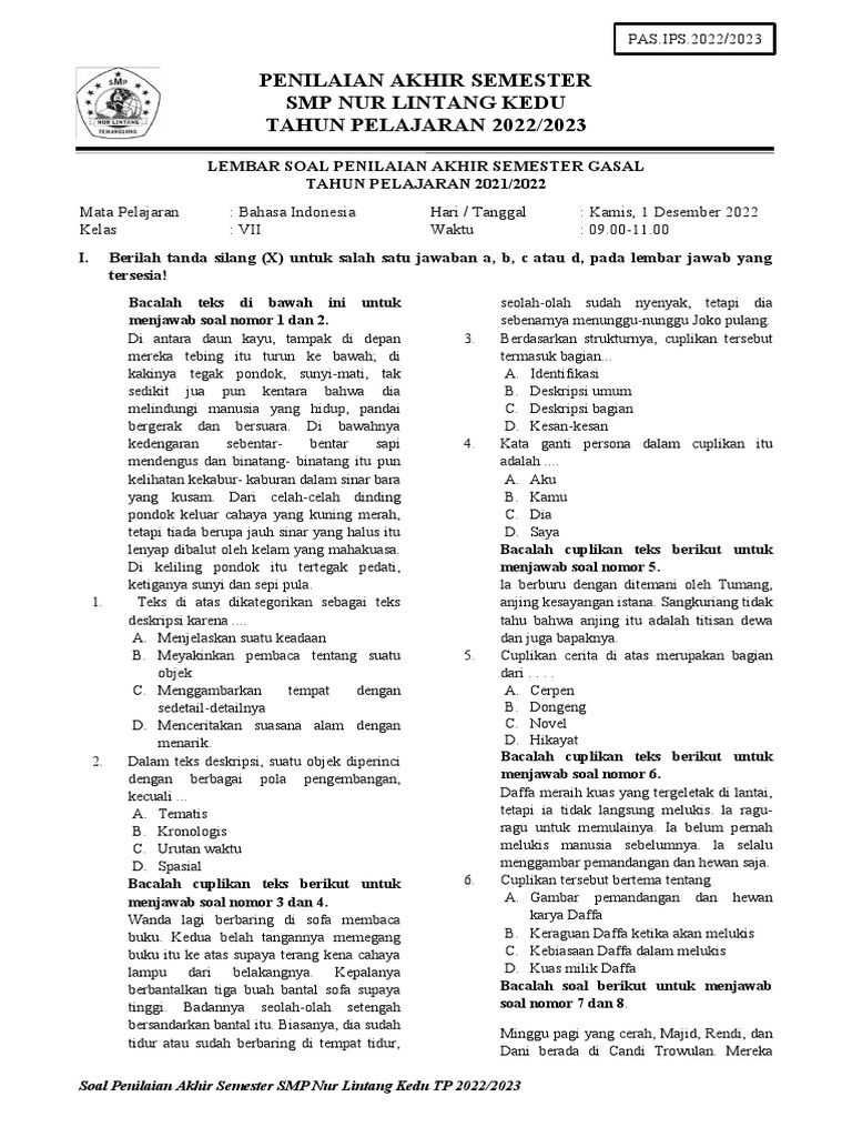 Soal PAS Bahasa Indonesia Kelas VII | PDF