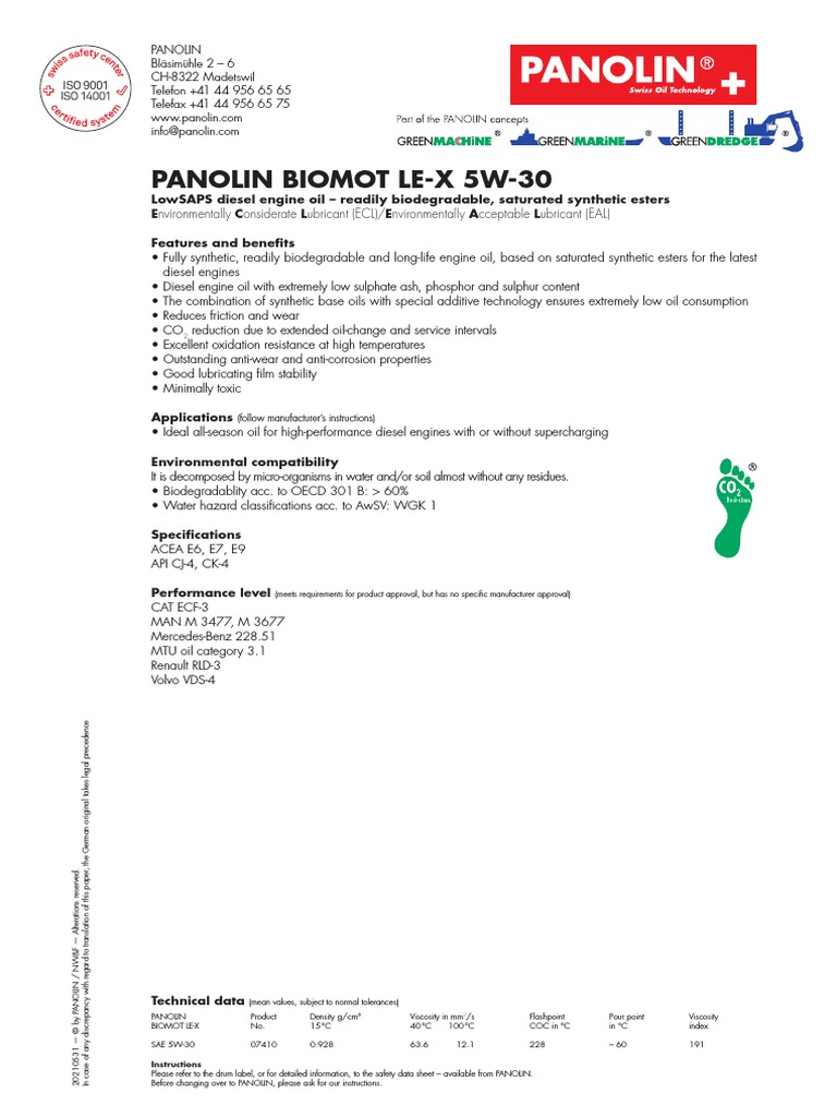 PANOLIN BIOMOT LE-X 5W-30 Overview | PDF | Motor Oil | Materials