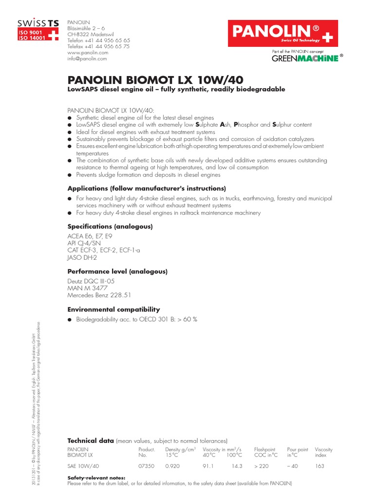 Panolin Biomot LX 10W-40 | PDF | Motor Oil | Industrial Processes