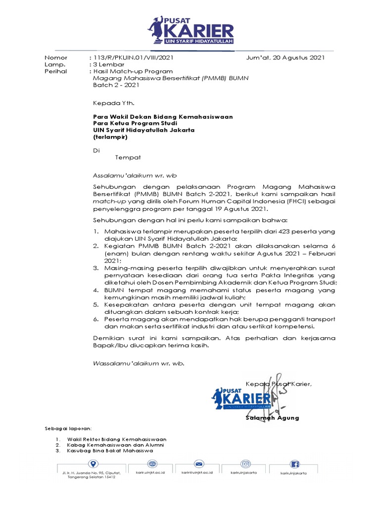 Surat Laporan Matchup PMMB BUMN Batch 2 - 2021 | PDF