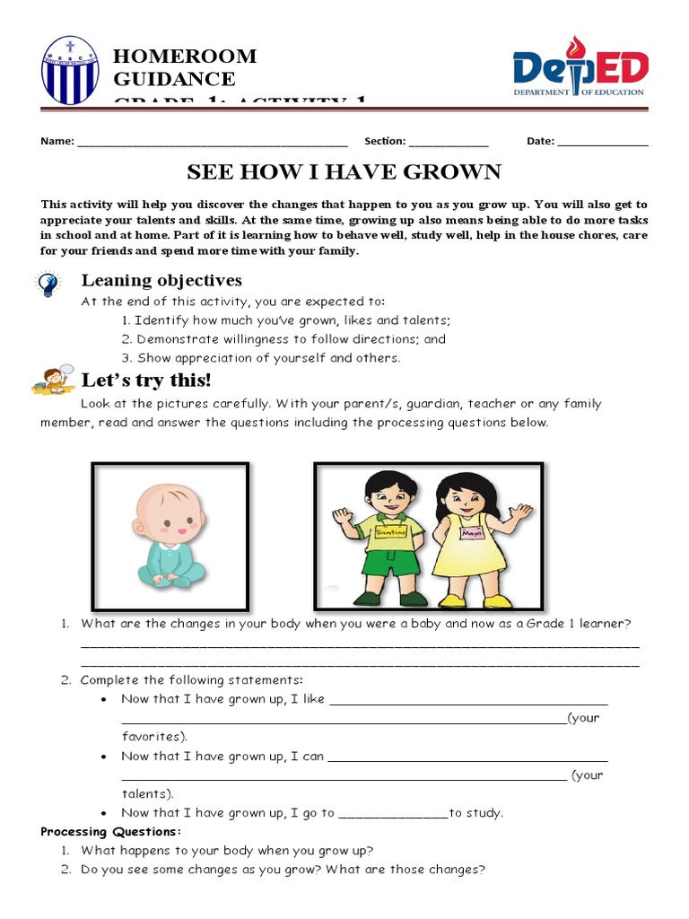 Growing Up: Grade 1 Guidance Activity | PDF