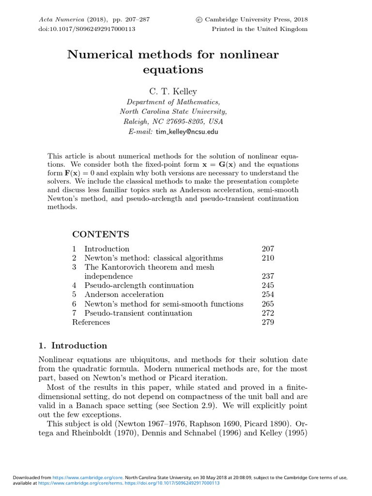 Numerical Methods For Nonlinear Equations: C. T. Kelley | PDF | Numerical Analysis | Equations