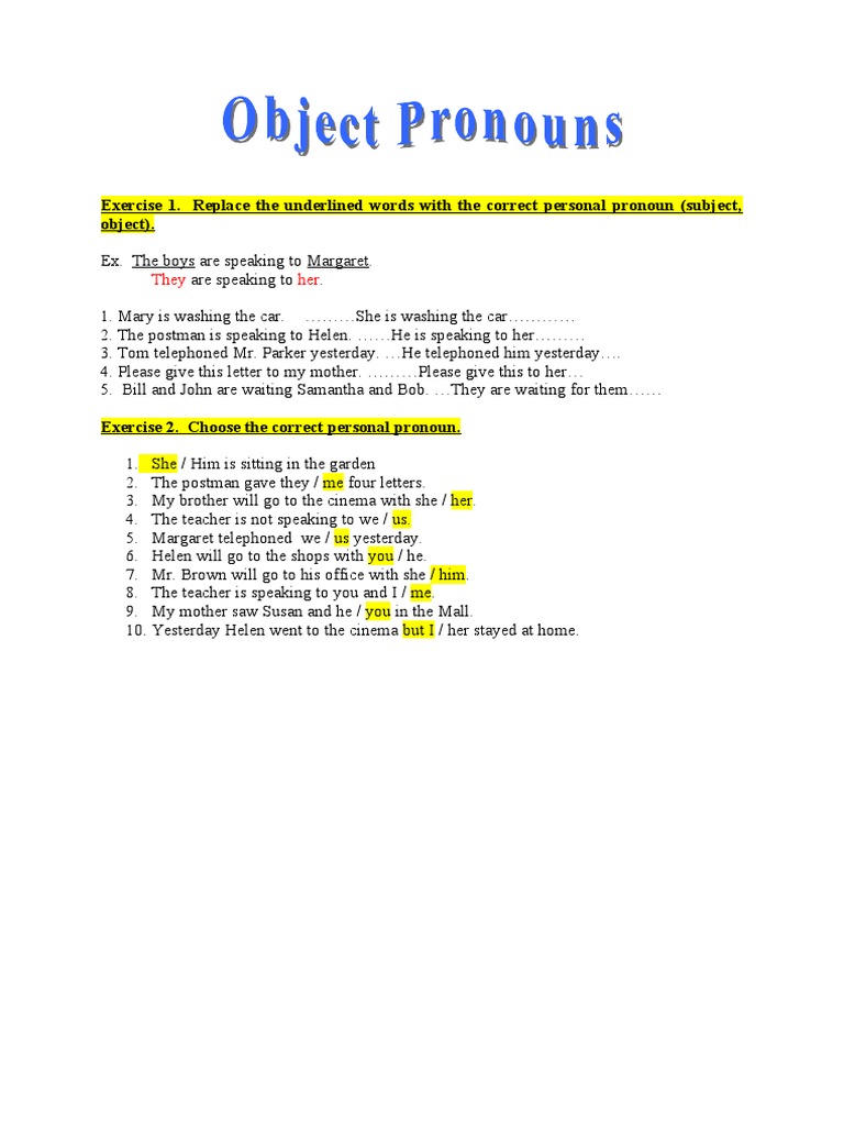 Object Pronouns - Worksheet | PDF | Language Arts & Discipline