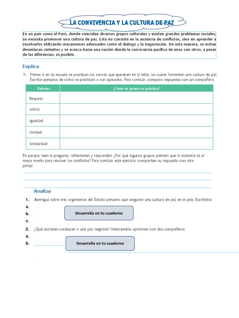 FICHA DE TRABAJO La Convivencia y La Cultura de paz-DPCC-5TO | PDF ...