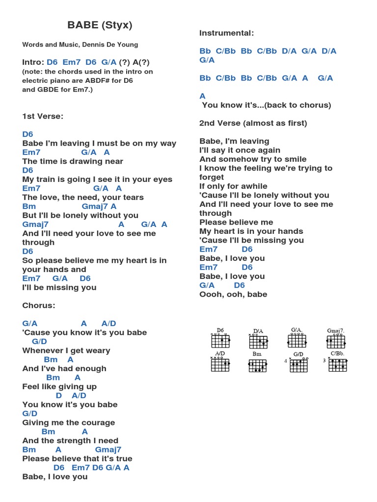 BABE - Styx - Organ and Guitar Chords | PDF