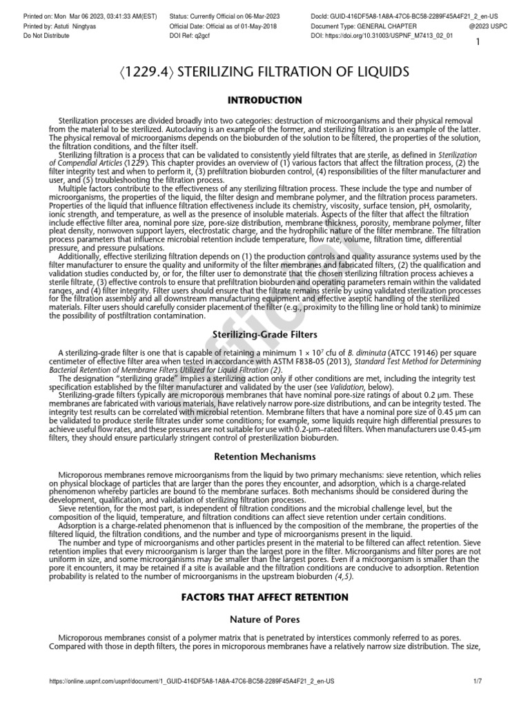 Usp-Nf (1229.4) Sterilizing Filtration of Liquids | PDF | Filtration | Sterilization (Microbiology)