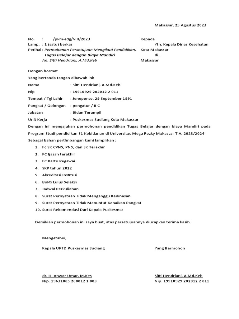 Surat Permohonan Tugas Belajar | PDF