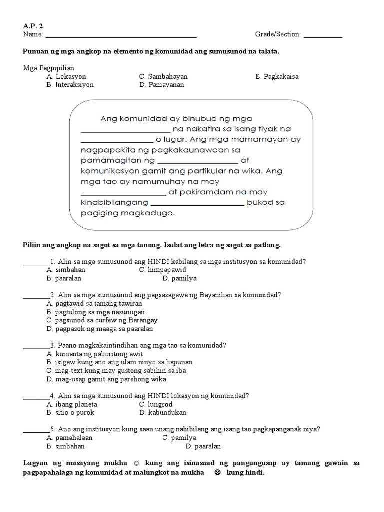 Araling Panlipunan Grade 2 Summative First Quarter | PDF