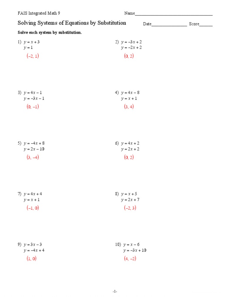 Solving Systems of Equations by Substitutions ANSWER | PDF | Equations ...