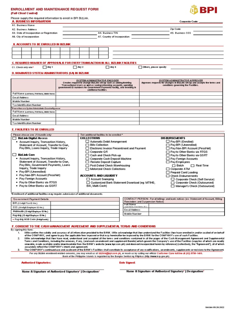 BPI BizLink Enrollment Request Form | PDF | Banks | Payments