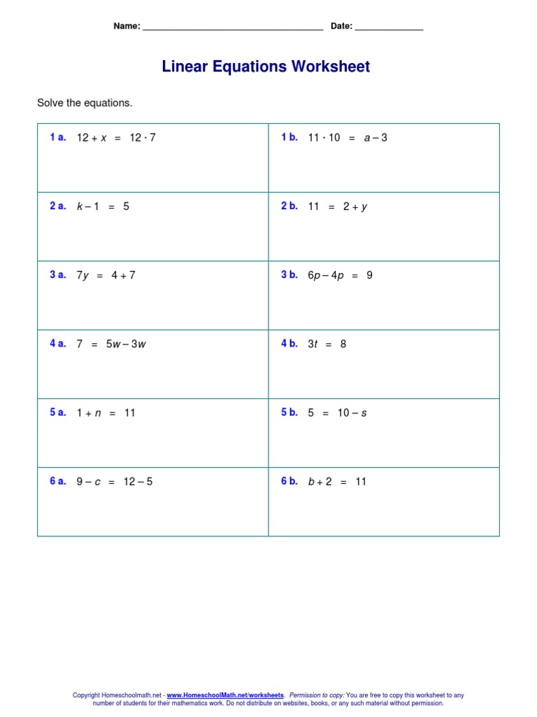 Linear Equations Worksheet | PDF