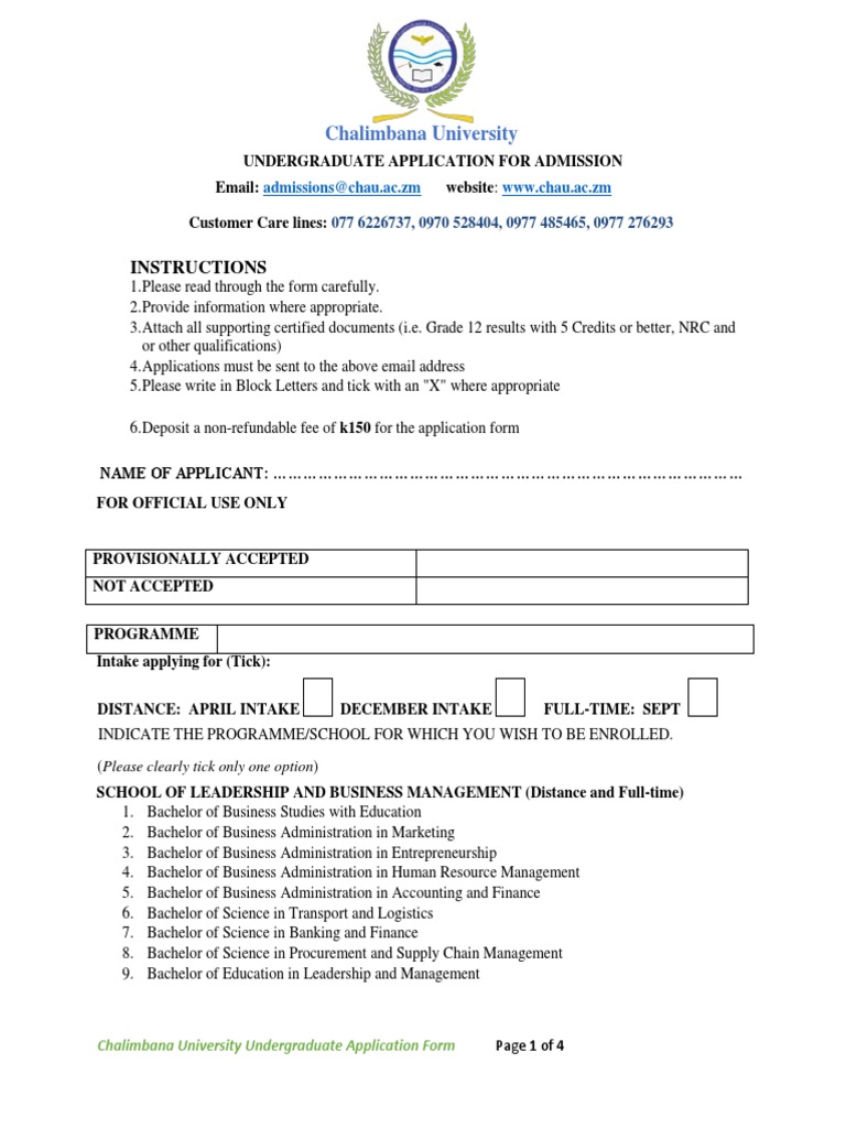 Chalimbana University Undergraduate Application Form | Download Free ...