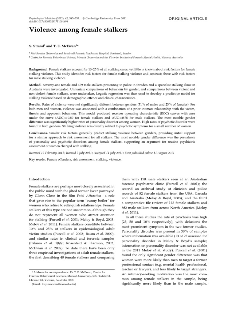strand & mcewan (2012) female stalkers | PDF | Stalking | Mental Disorder