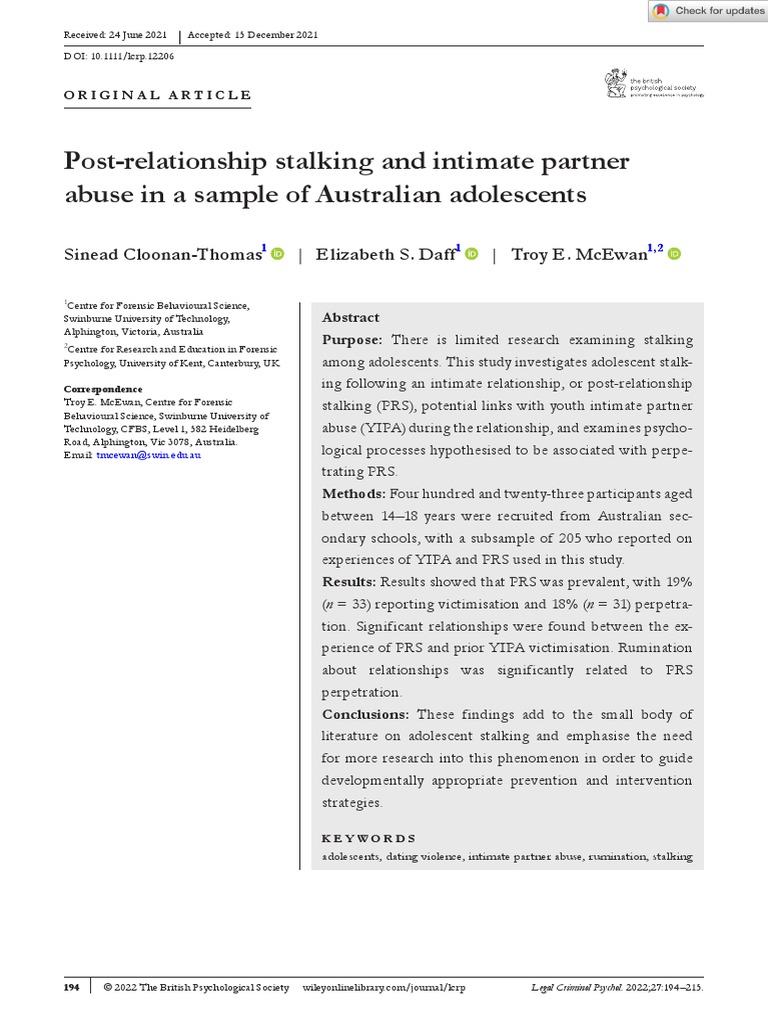 Cloonan-thomas et al 2022 adolescent stalking | PDF | Stalking ...