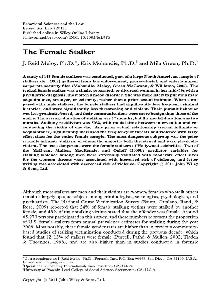 Meloy, Mohandie & Green 2011 Female Stalkers | PDF | Stalking | Violence