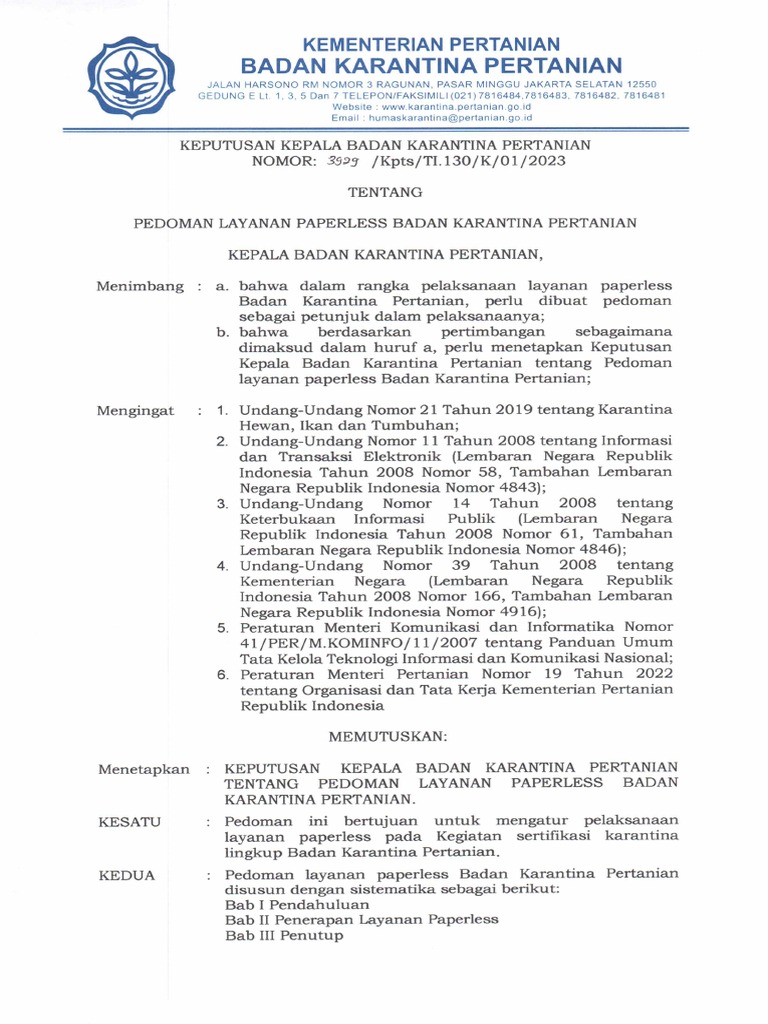 Kepka Barantan - 2023 - No. 3929 - Pedoman Layanan Paperless Badan Karantina Pertanian | PDF