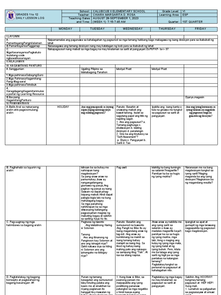 Esp-6 Q1 W1-DLL 2023-2024 | PDF