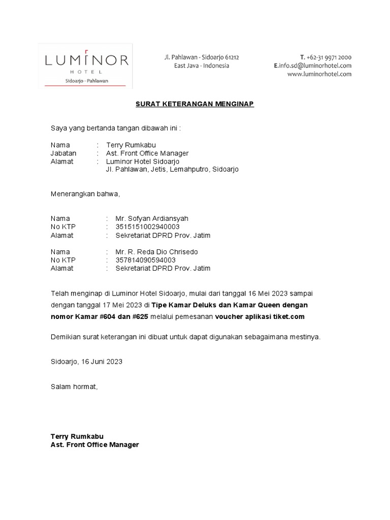 Surat Keterangan Menginap | PDF