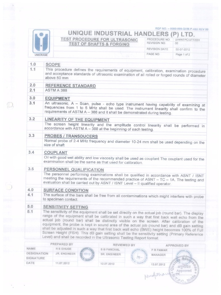 NTPC Approved UT Procedure For Forging | PDF