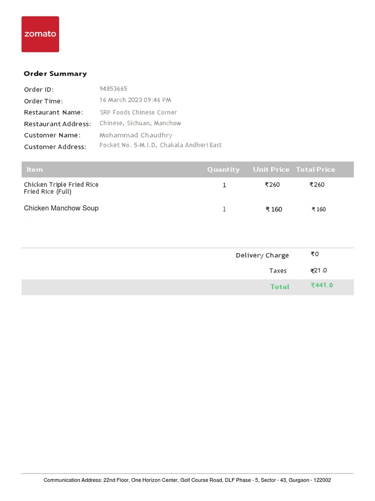 Zomato Order Invoice Details | PDF