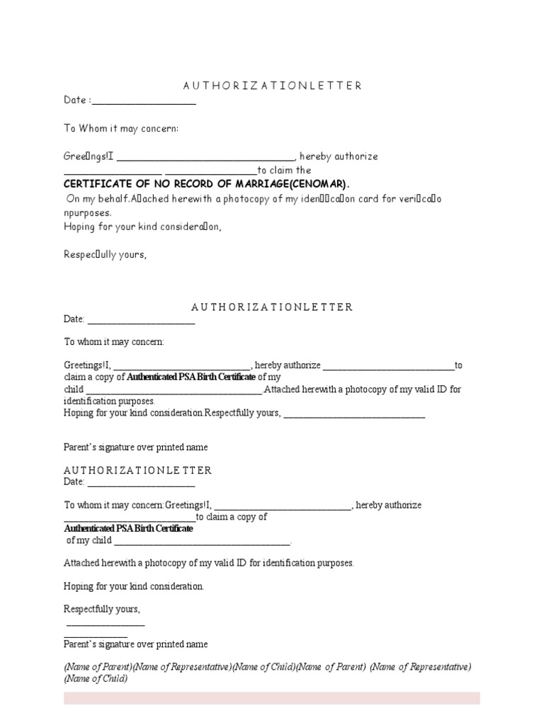 Authorization Letter Psa Birth Certificate _ PDF _ Birth Certificate ...
