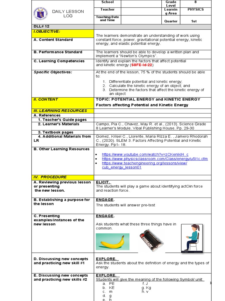 LESSON PLAN-POTENTIAL AND KINETIC ENERGY | PDF | Learning | Force