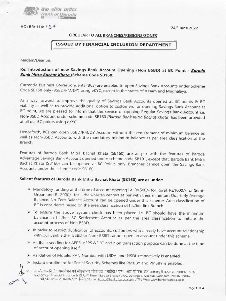 SB 160 Baroda Bank Mitra Bachat Khata HO - BR - 114 - 137 | PDF | Banks ...