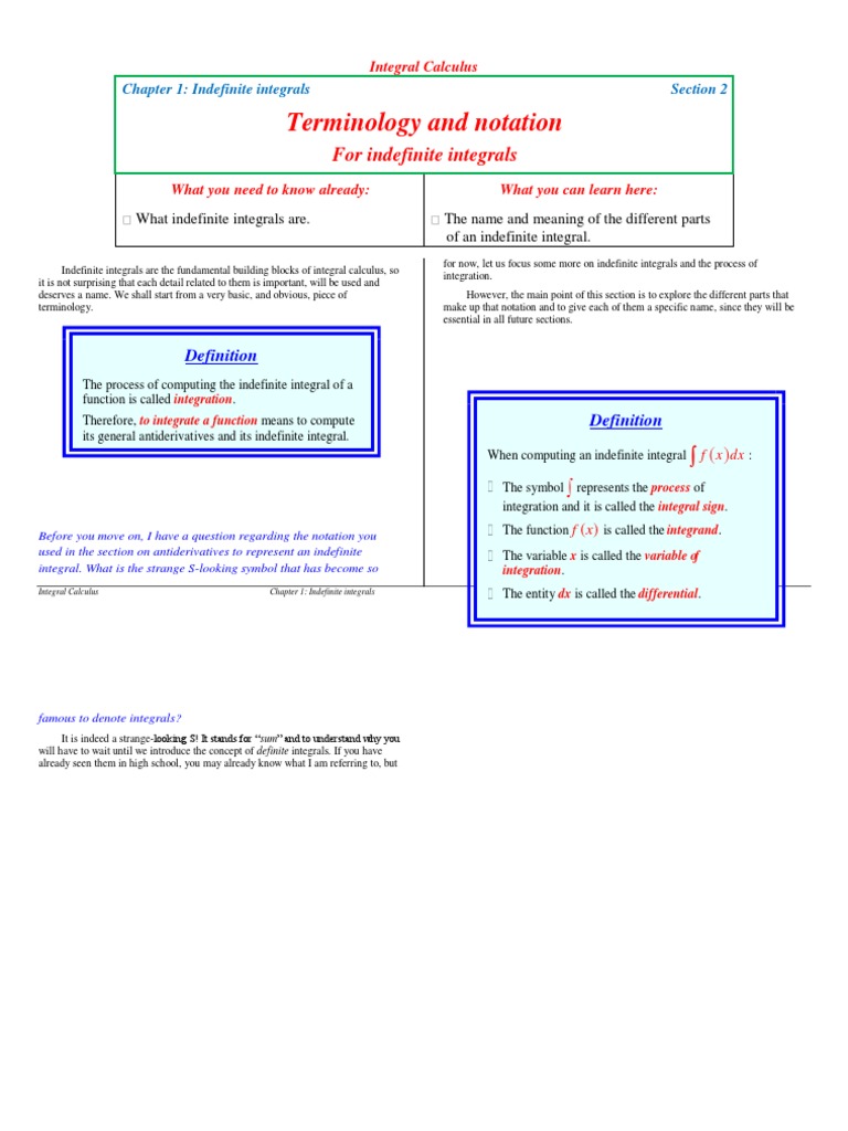 I1-2 Terminology and Notation For Indefinite Integrals | PDF | Integral ...