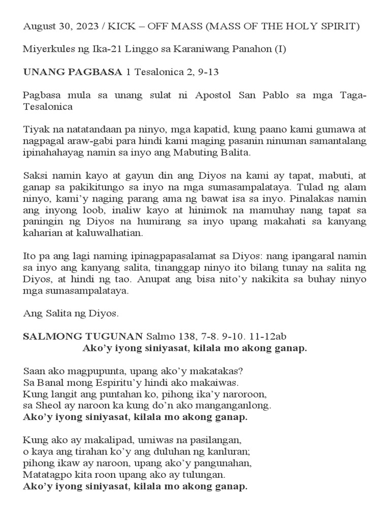 August 30 Kick Off Mass Tagalog | PDF