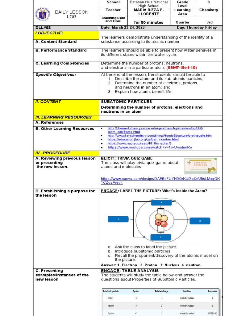 Subatomic Particles Lesson Plan for 8th Grade | PDF | Atoms | Neutron
