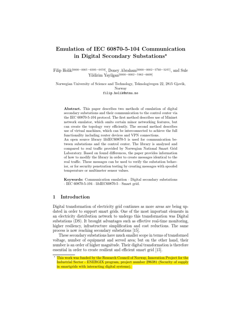Dokumen Tips Emulation Of Iec 60870 5 104 Communication In Digital Pdf Computer Network