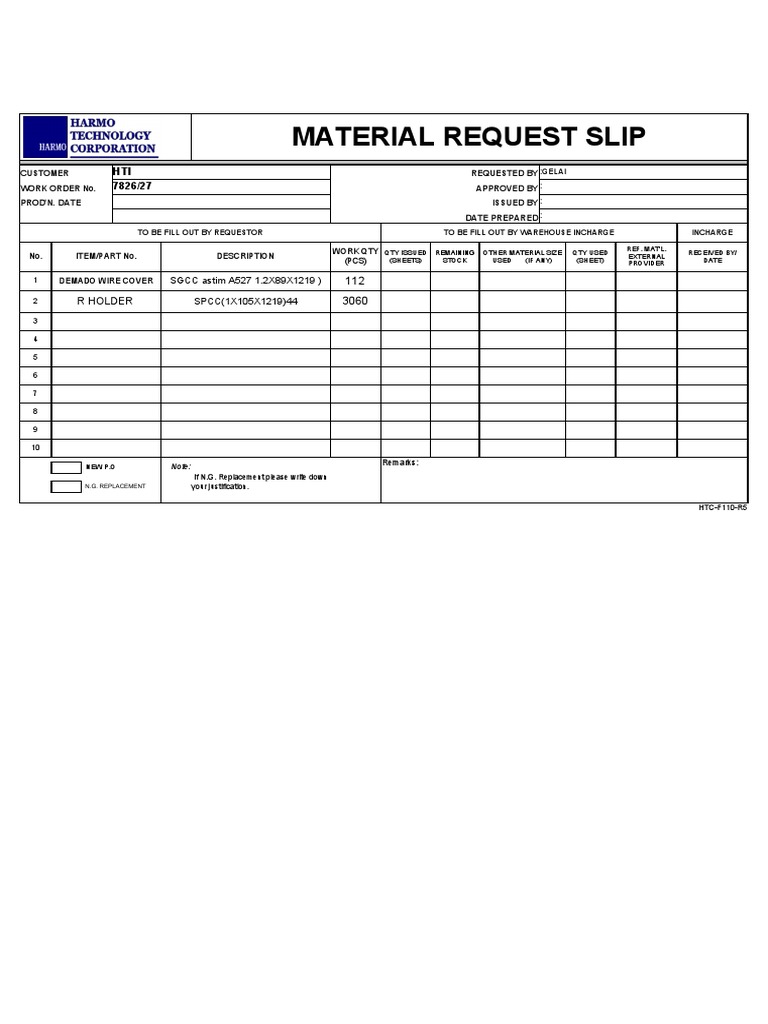 Material Request Slip Template | PDF