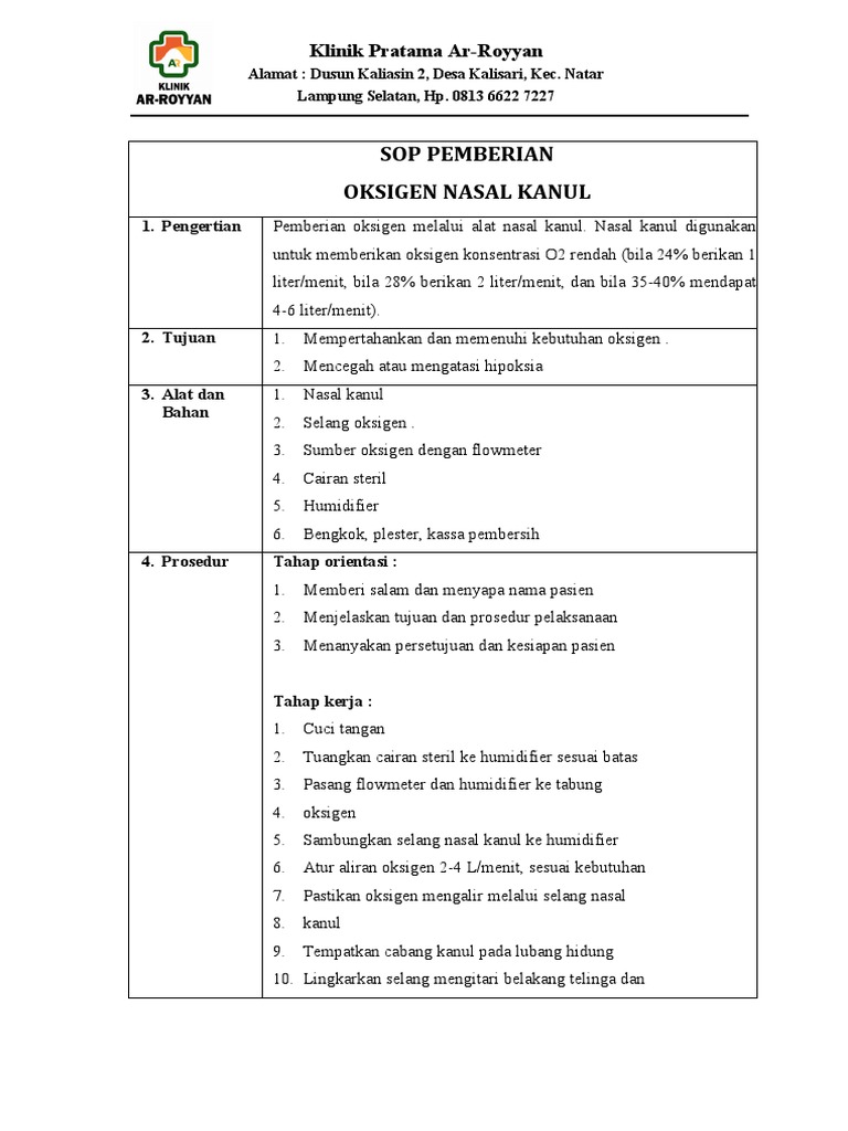 Contoh SOP PEMASANGAN PEMBERIAN OKSIGEN - For Merge | PDF
