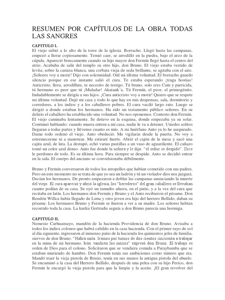 Resumen por capítulos de "Todas las Sangres" | PDF