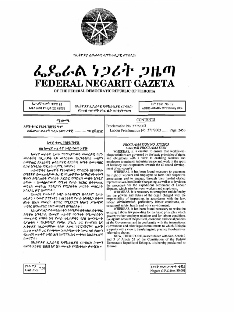 Federal Negarit EthLabourPro377 | PDF