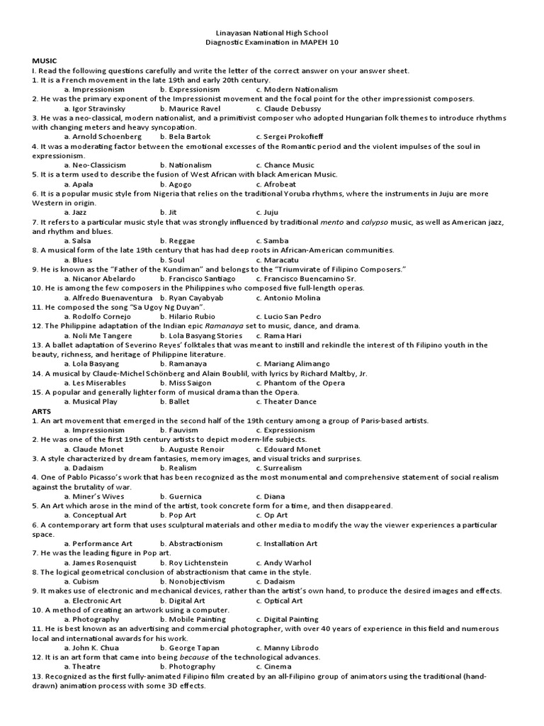 MAPEH 10 - Diagnostic Exam | PDF | Dances | Medicine