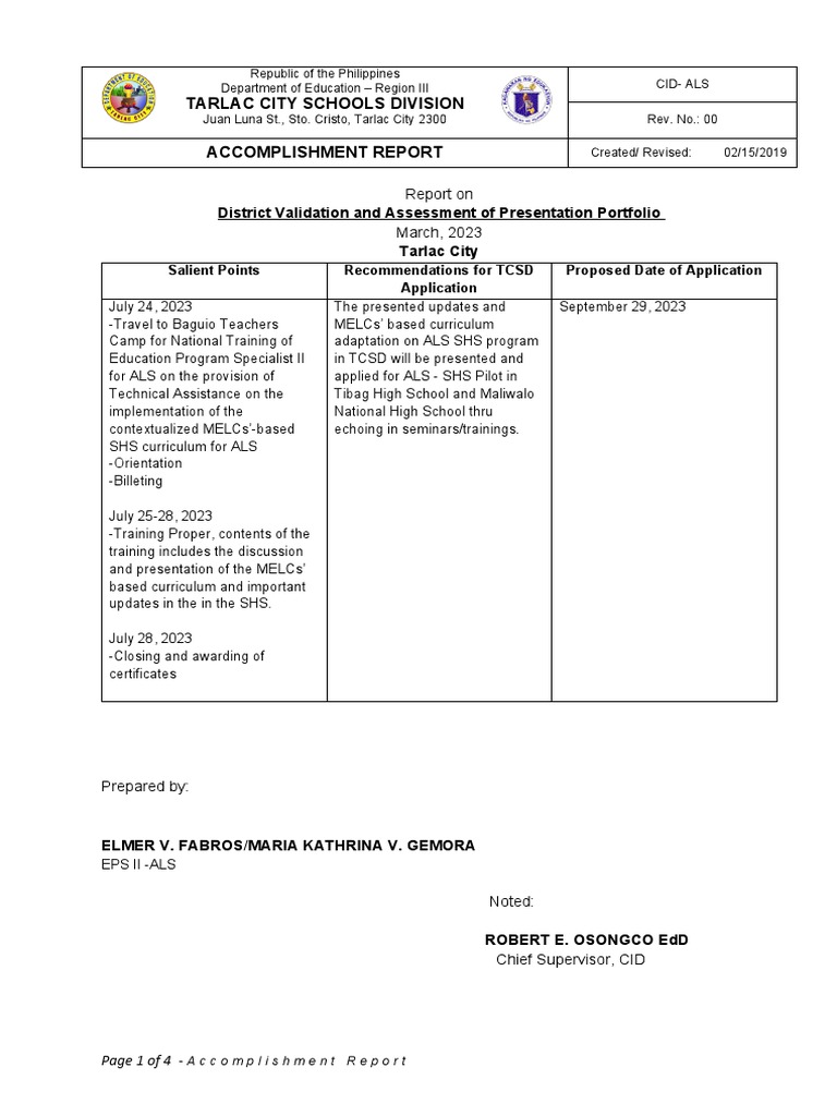 Accomplishment Report On Baguio | PDF