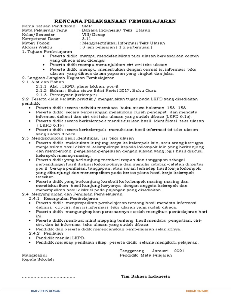 RPP Bindo 8 Bab 6 Teks Ulasan, Pertemuan 1 | PDF
