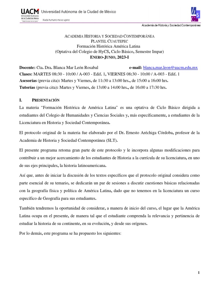 Programa Optativa Fhal, 2023-I | PDF | Colonización europea de las ...