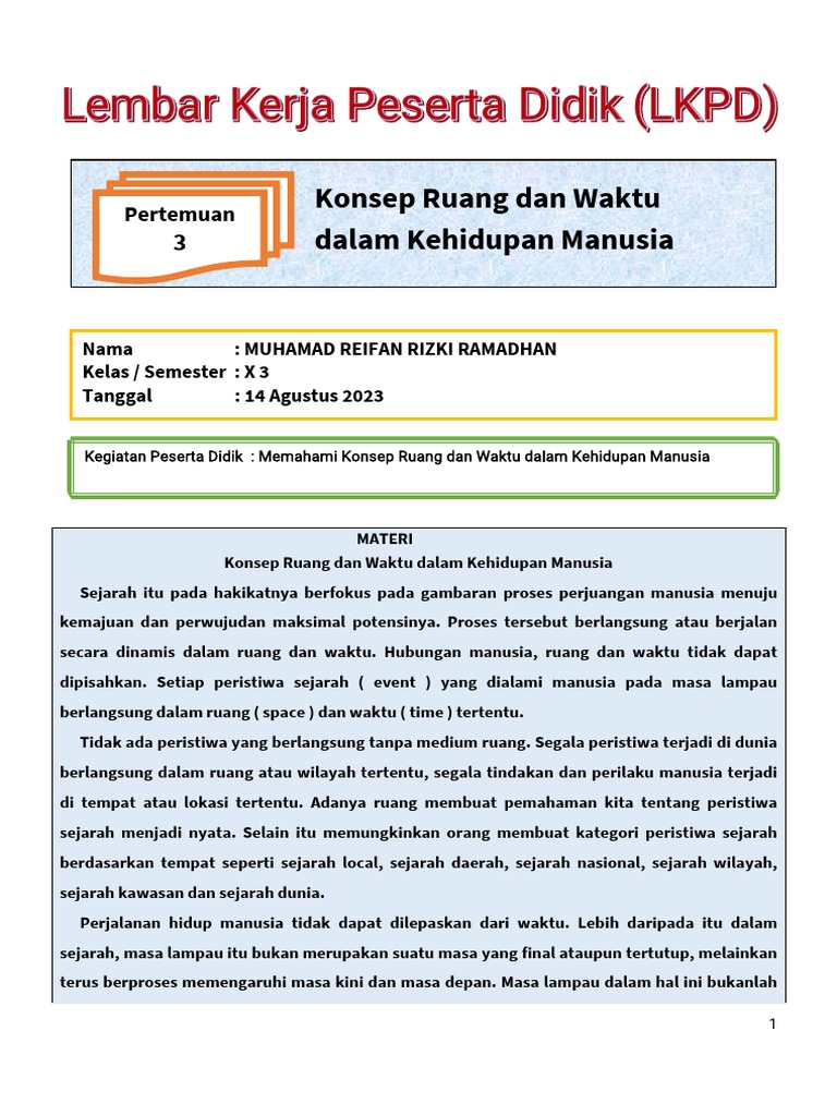 LKPD 3. Konsep Ruang Dan Waktu Dalam Kehidupan Manusia REIFAN 3 | PDF LKPD 3. Konsep Ruang Dan Waktu Dalam Kehidupan Manusia REIFAN 3 | PDF